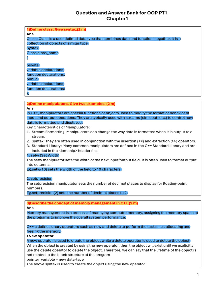 PT 1 QBank OOP Ans | PDF | Pointer (Computer Programming) | C++