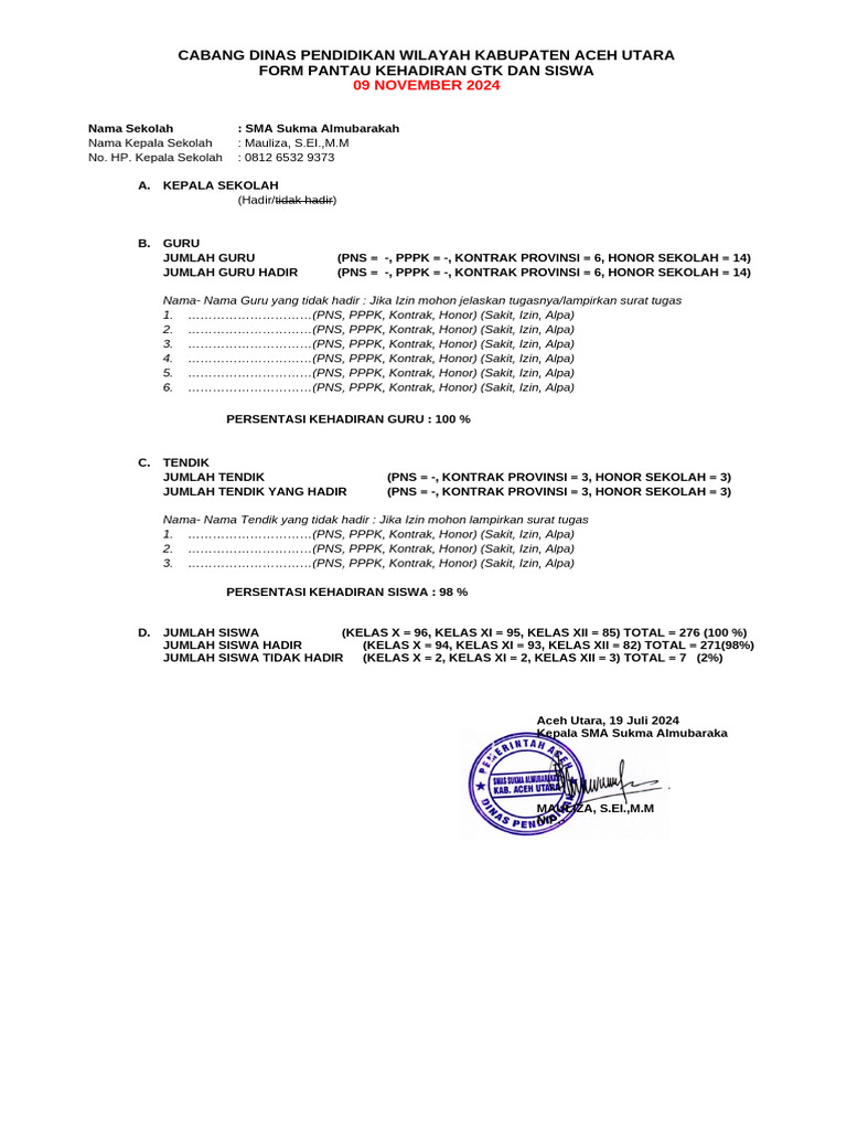 Form Pantau Kehadiran GTK Dan Siswa 9 November 2024 | PDF
