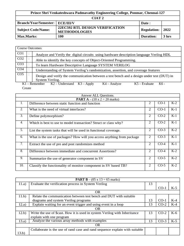 22ec592 RTL Design Verification Methodologies Qus | PDF | Hardware ...