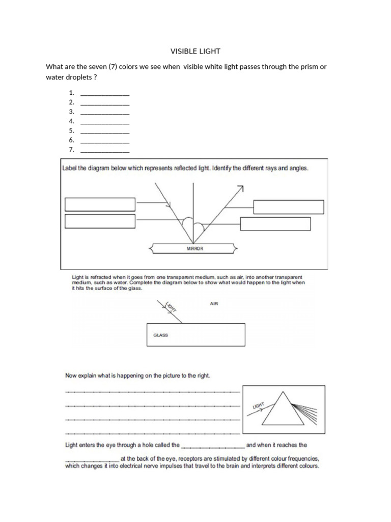 Visible Light Worksheet 2024 | PDF | Science & Mathematics