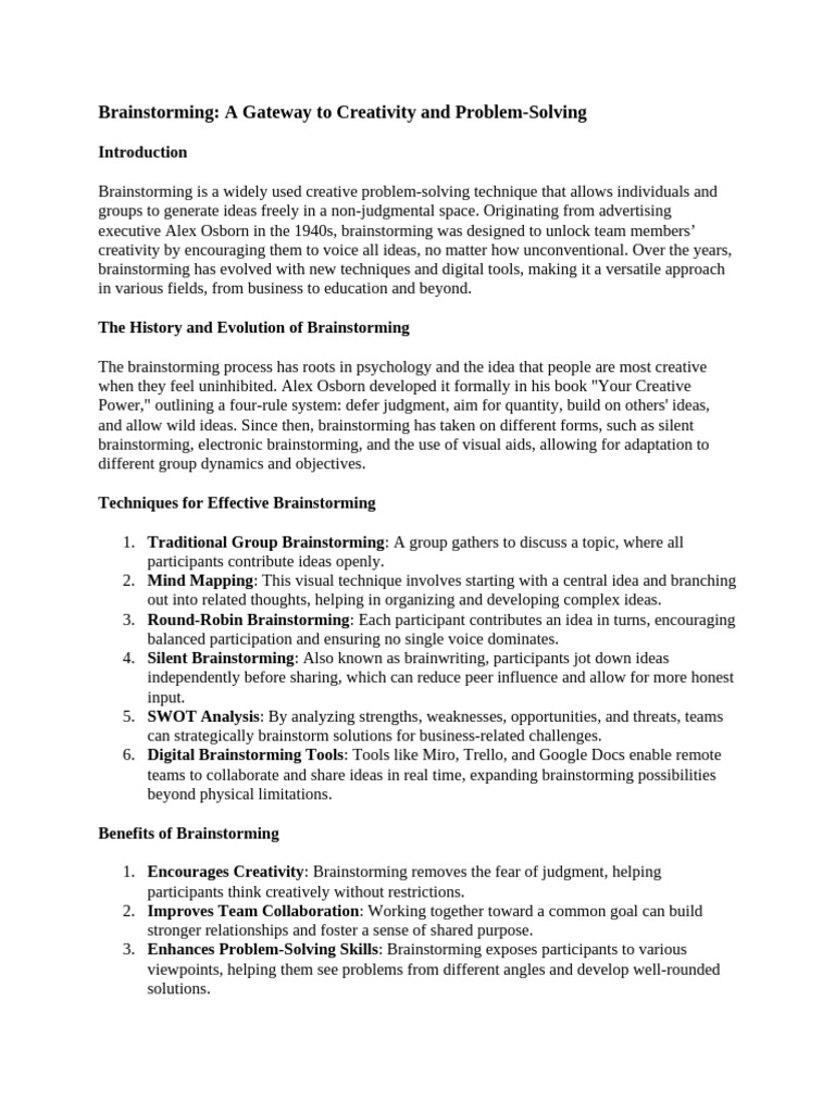 Brainstorming A Gateway To Creativity And Problem Solving Pdf