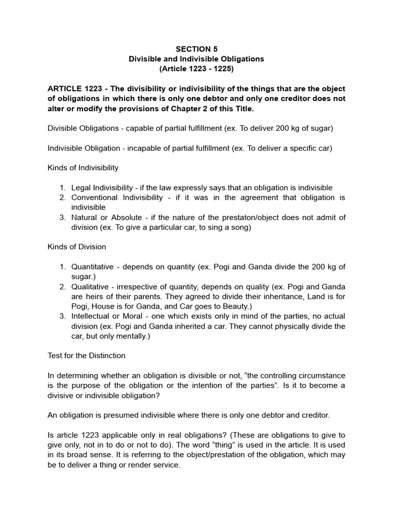 Divisible and Indivisible Obligations | PDF | Indemnity | Civil Law ...