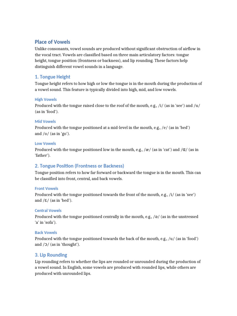 Vowel Classification by Tongue Position | PDF