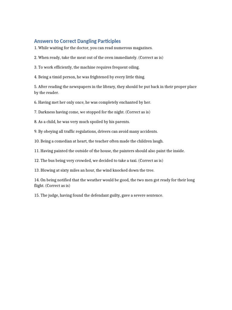 Dangling Participles Answers | PDF | Language Arts & Discipline