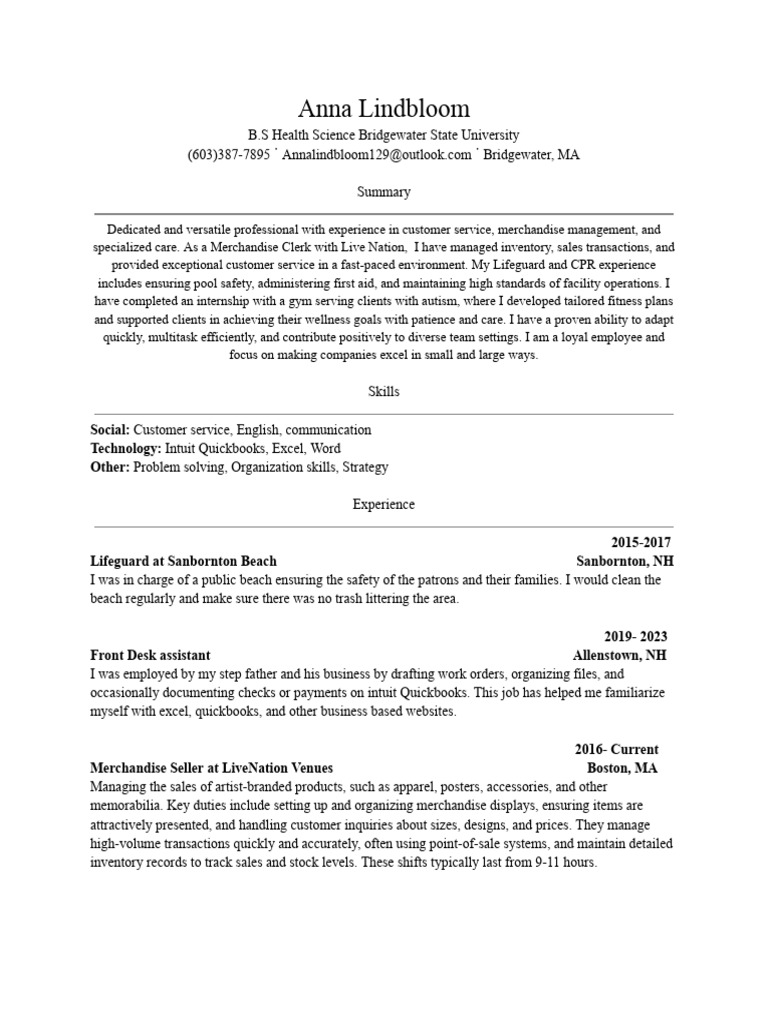 Anna Lindbloom: Health Science Graduate Resume | PDF | Sales | Business