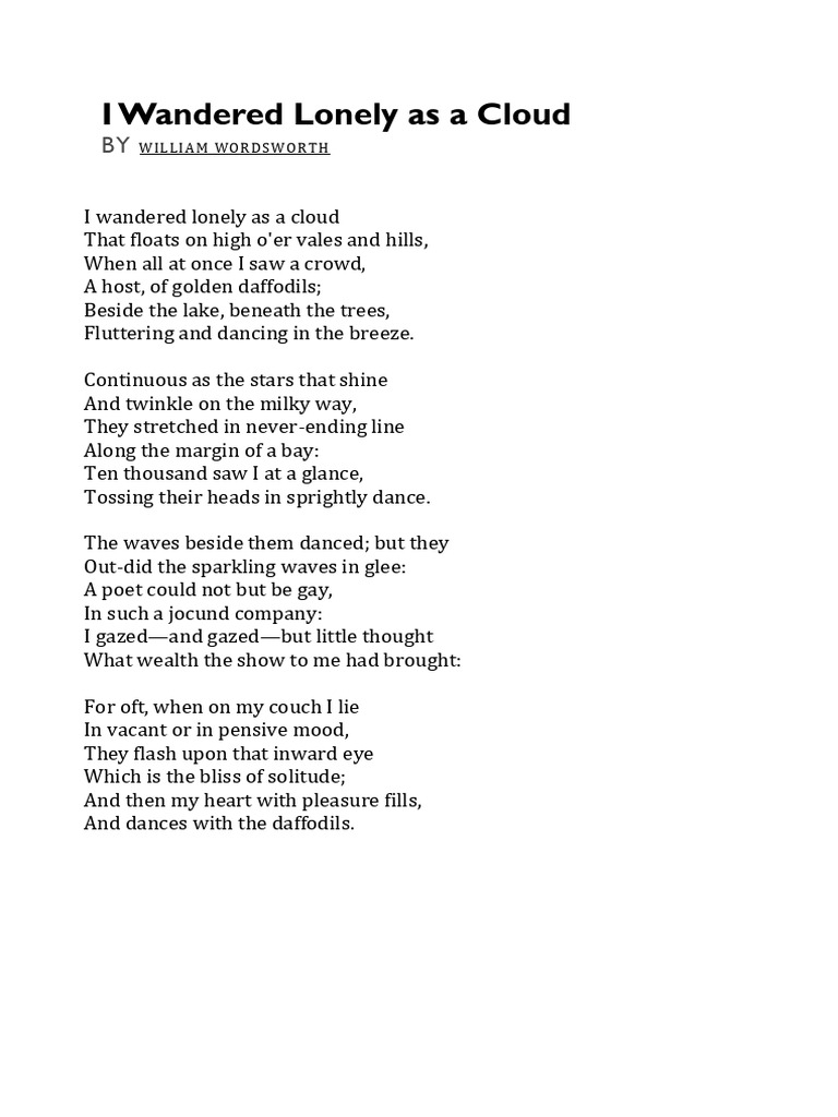 I Wandered Lonely As A Cloud (Daffodils) - William Wordsworth | PDF