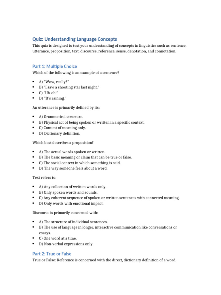 Quiz Understanding Language Concepts | PDF | Word | Semantics
