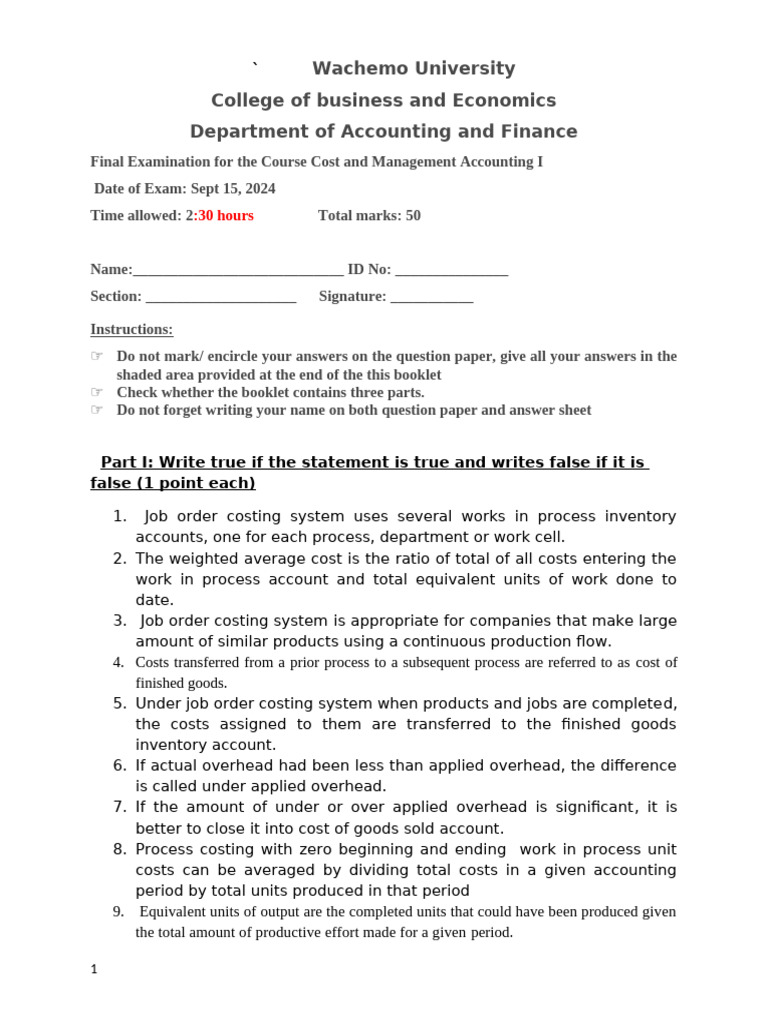 CMA I final examination | PDF | Inventory | Management Accounting