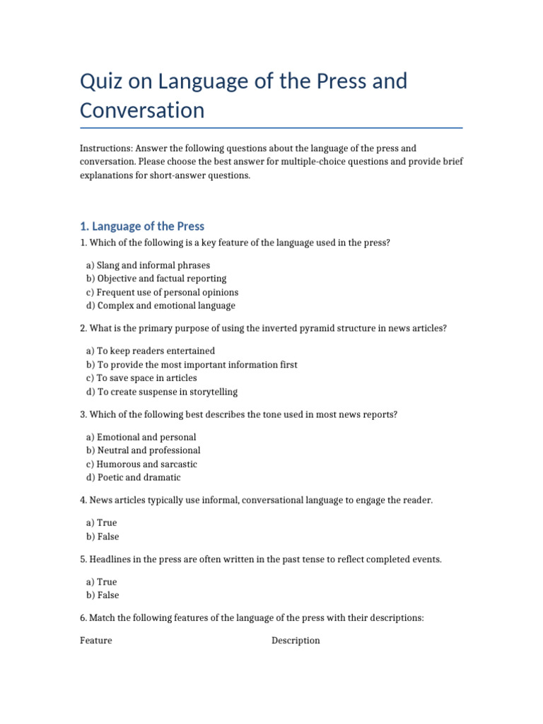 Quiz Language Press Conversation | PDF | News | Ellipsis