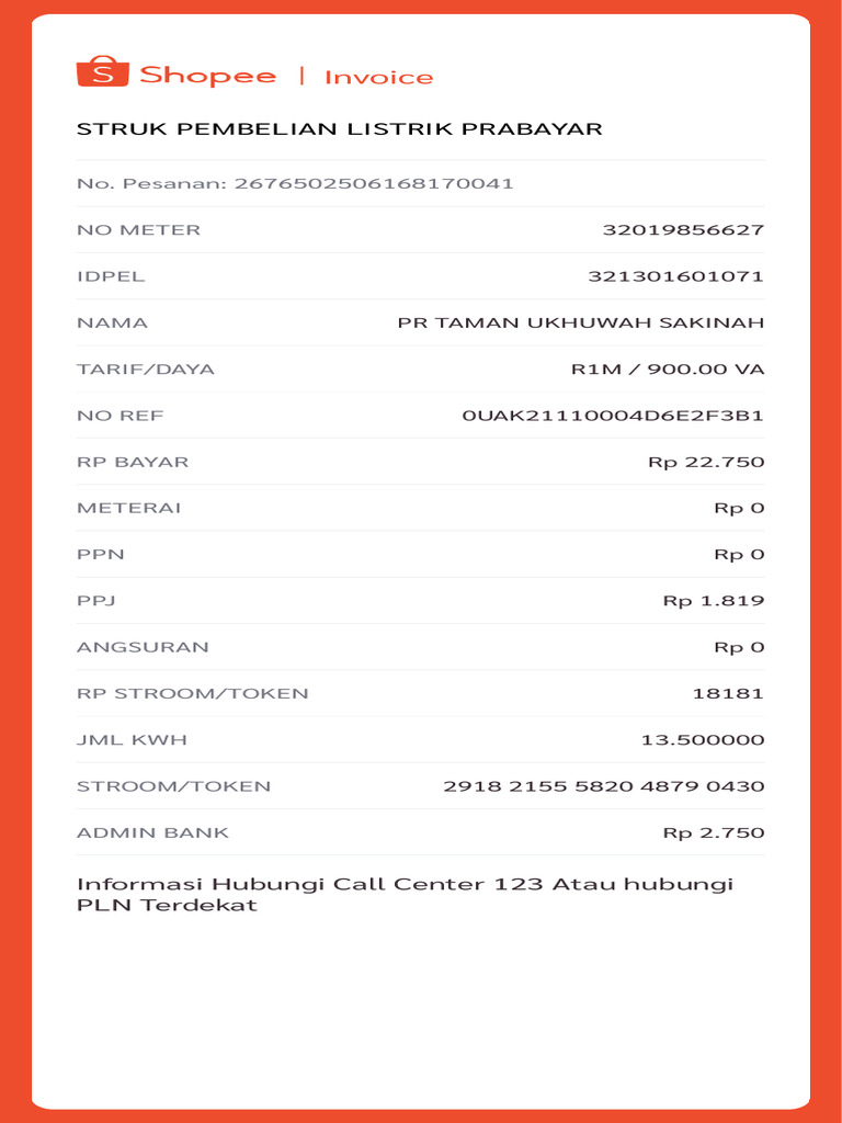 Invoice: Struk Pembelian Listrik Prabayar | PDF