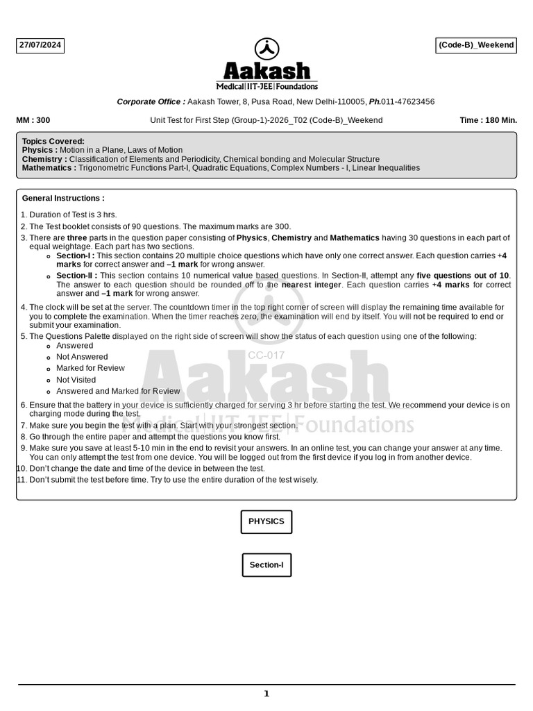 Unit Test: Physics, Chemistry, Math 2026 | PDF | Force | Acceleration