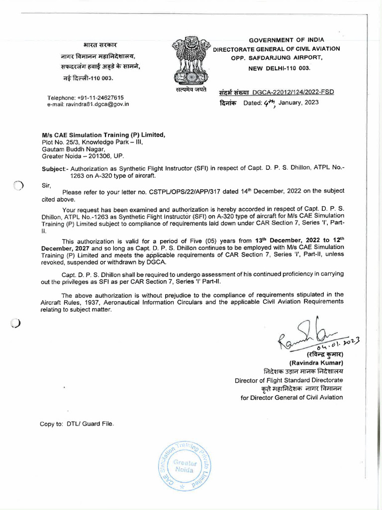 Approval Certificate Capt DPS Dhillon | PDF