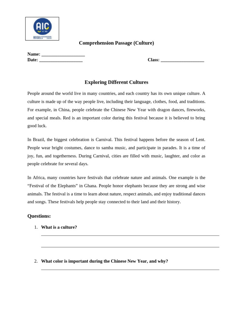 ELA Reading Comprehension (Culture) | PDF