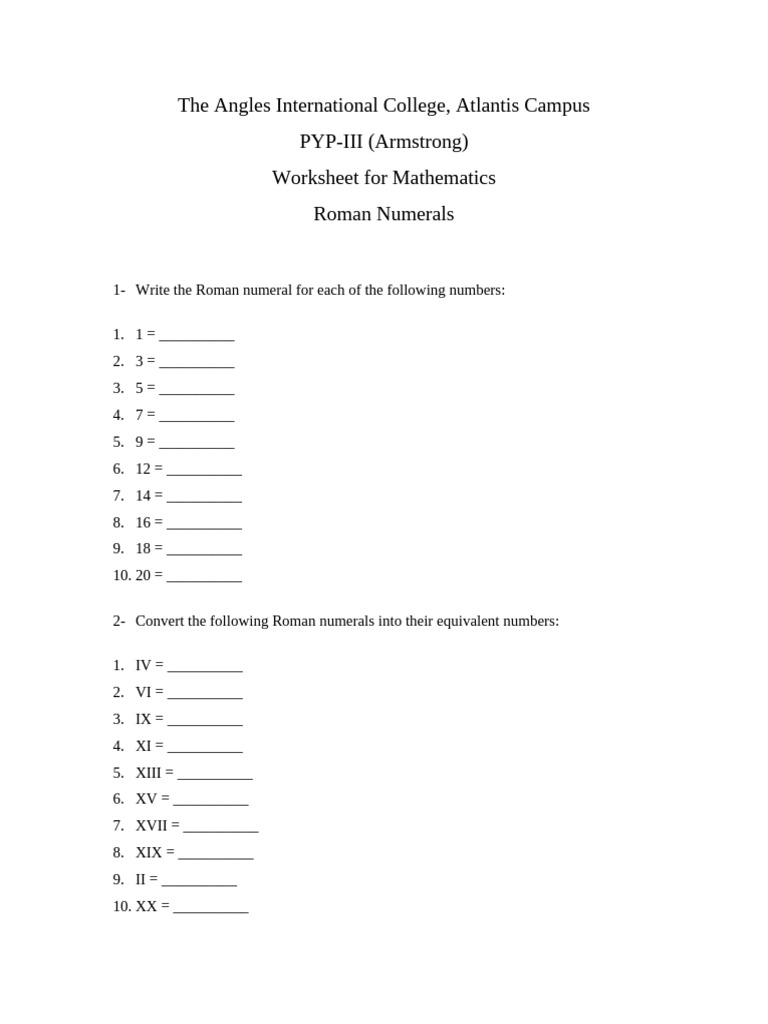 Roman Numerals Practice Worksheet | PDF