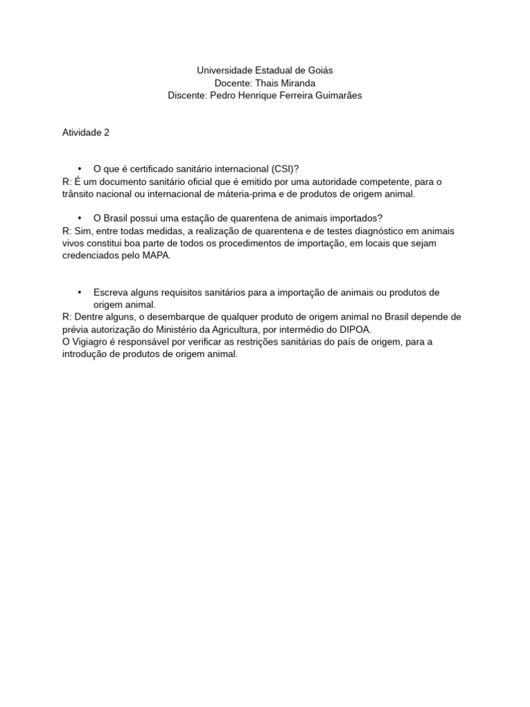 Ativ. 2 Defesa Sanitaria | PDF