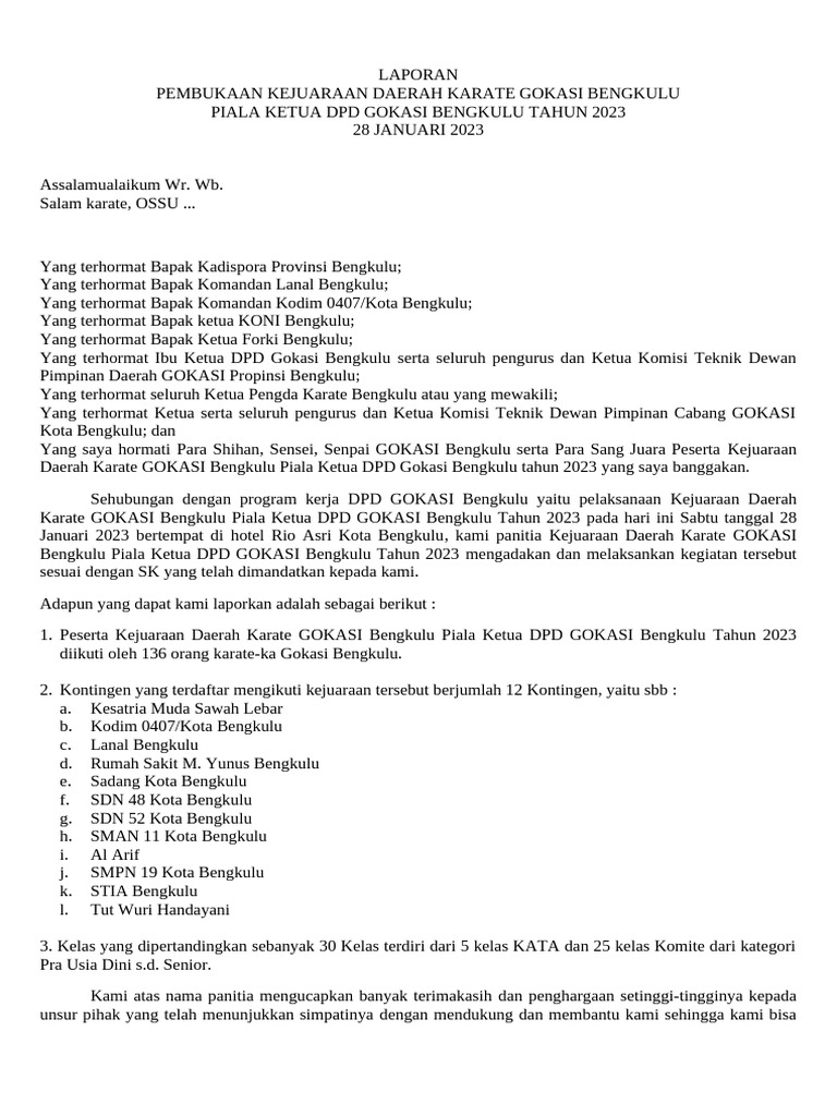 Kejuaraan Karate GOKASI Bengkulu 2023 | PDF