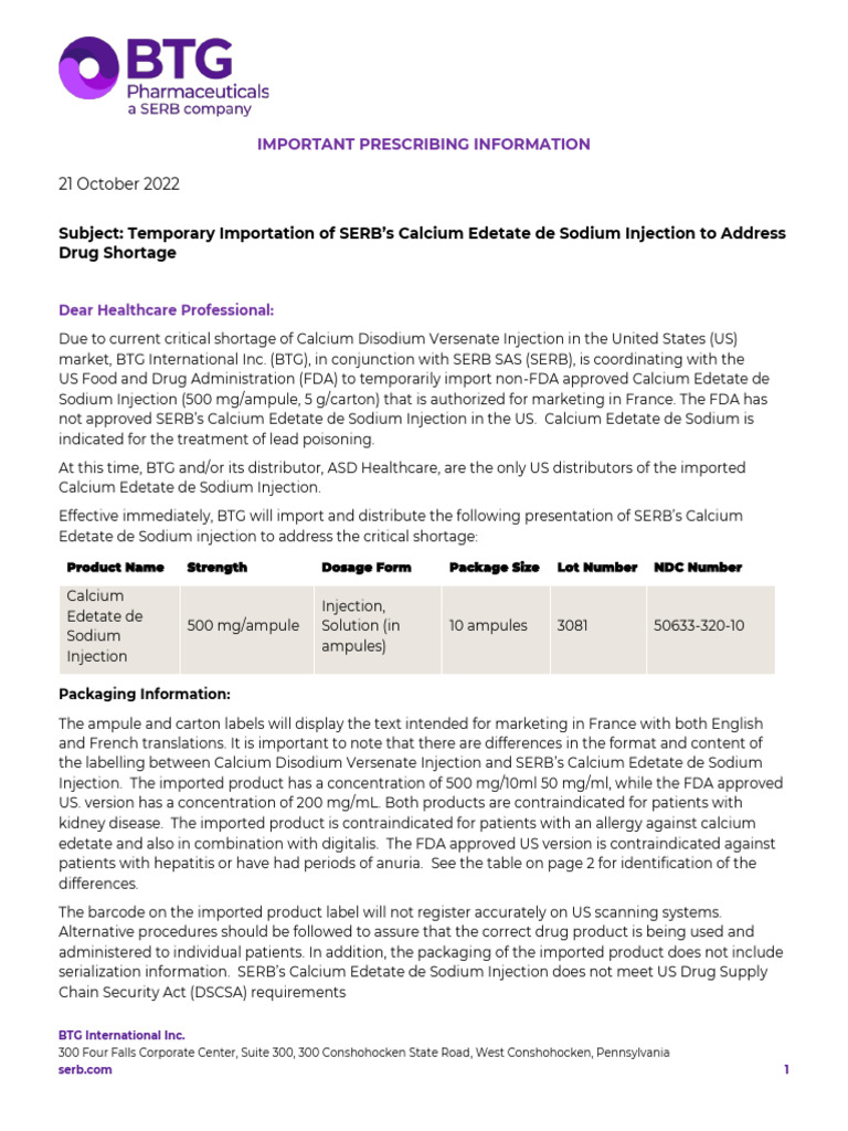 Calcium EDTA DHCP Letter FDA FINAL Rebrand 10 20 22 | PDF | Pregnancy ...