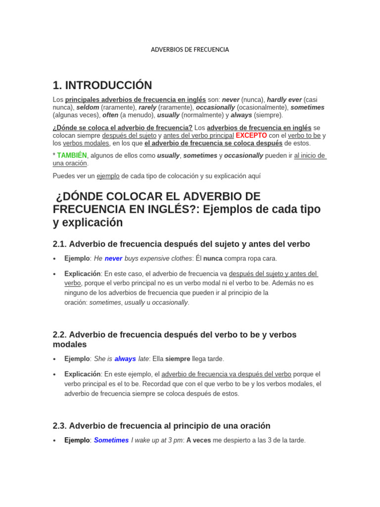 Colocación de Adverbios de Frecuencia | PDF | Adverbio | Verbo