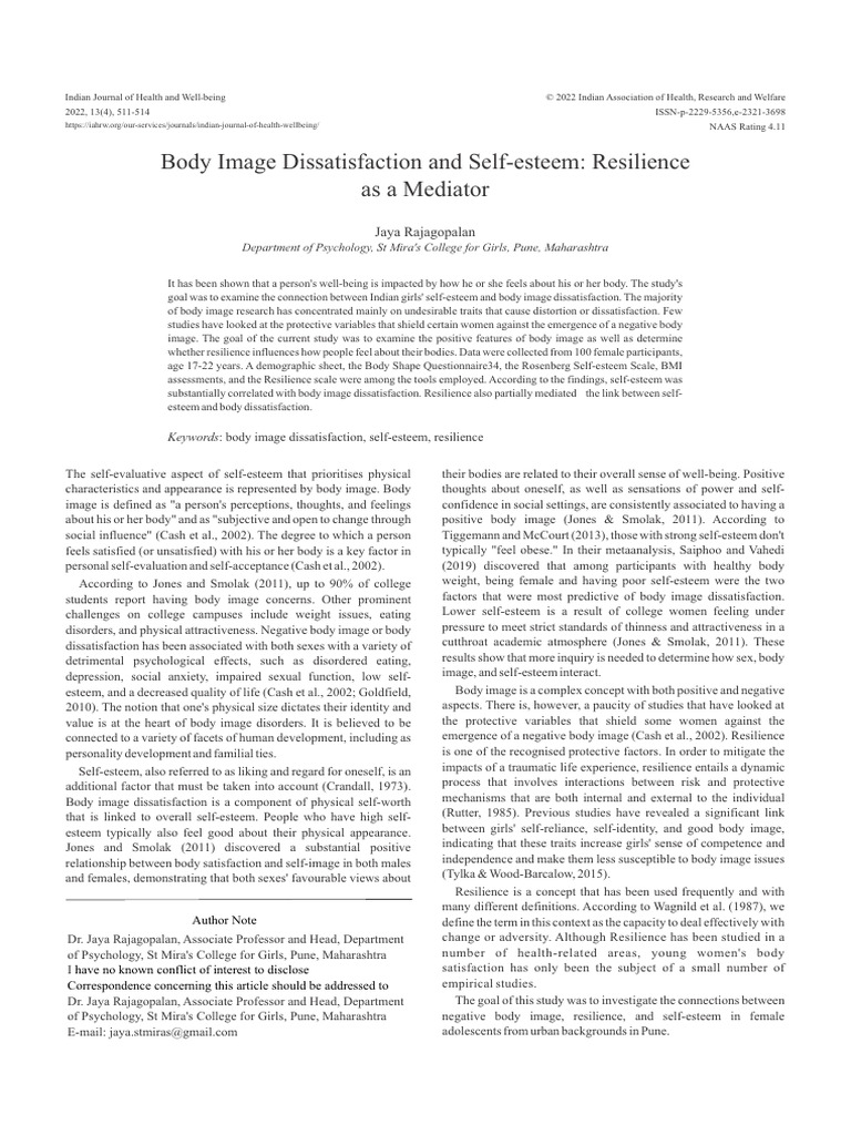 Body Image Dissatisfaction and | PDF | Body Image | Self Esteem