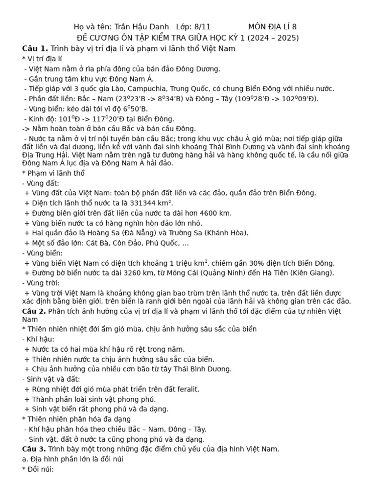 De Cuong On Tap Kiem Tra Giua Hoc Ky 1 24-25 | PDF