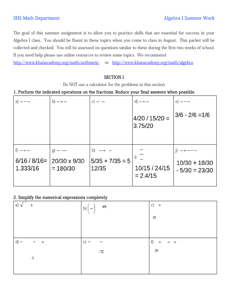 Algebra 1 CP (312) Summer Work | PDF