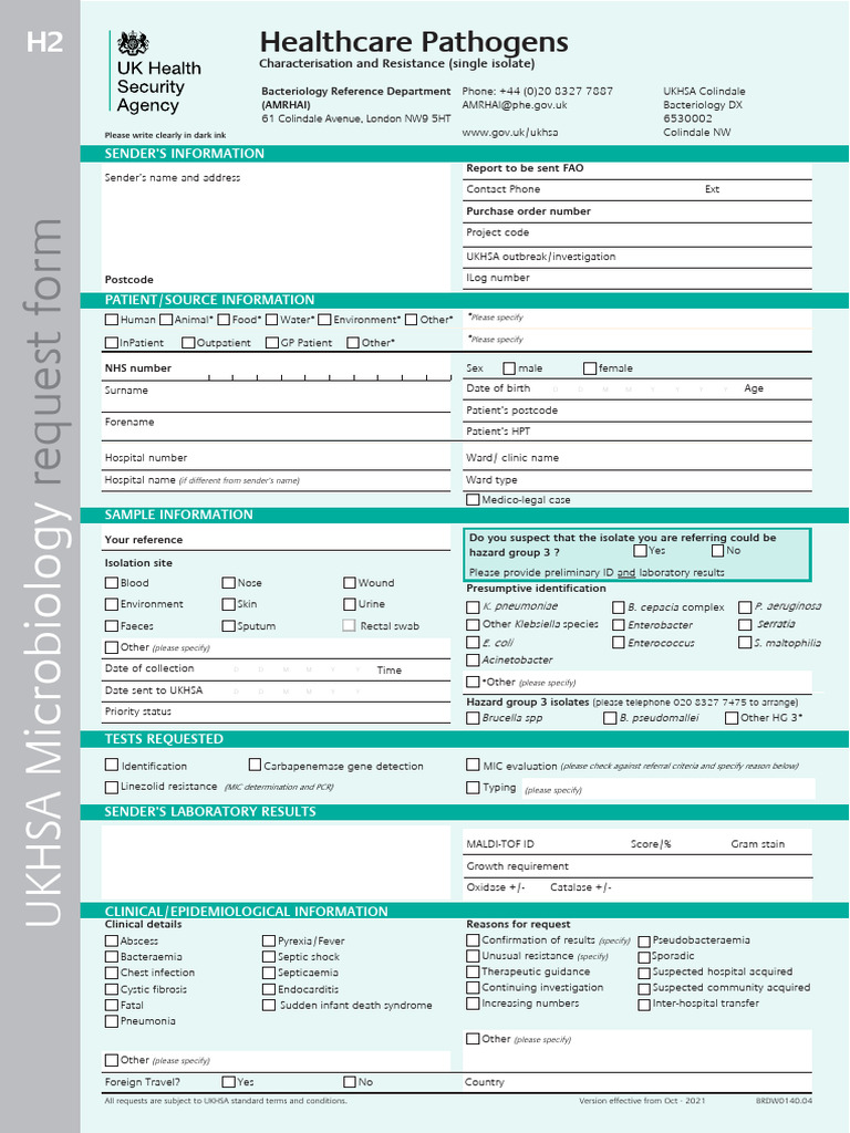 H2_Healthcare_pathogens_request_form_single_isolate | PDF | Sepsis ...