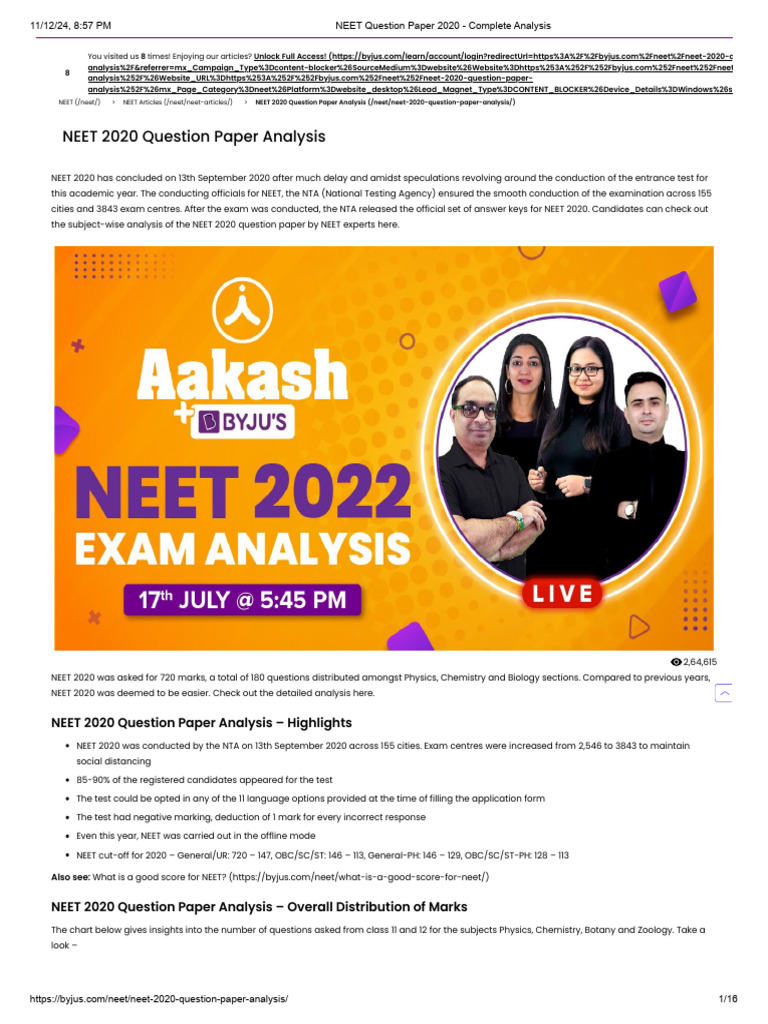 NEET Question Paper 2020 - Complete Analysis | PDF | Zoology ...
