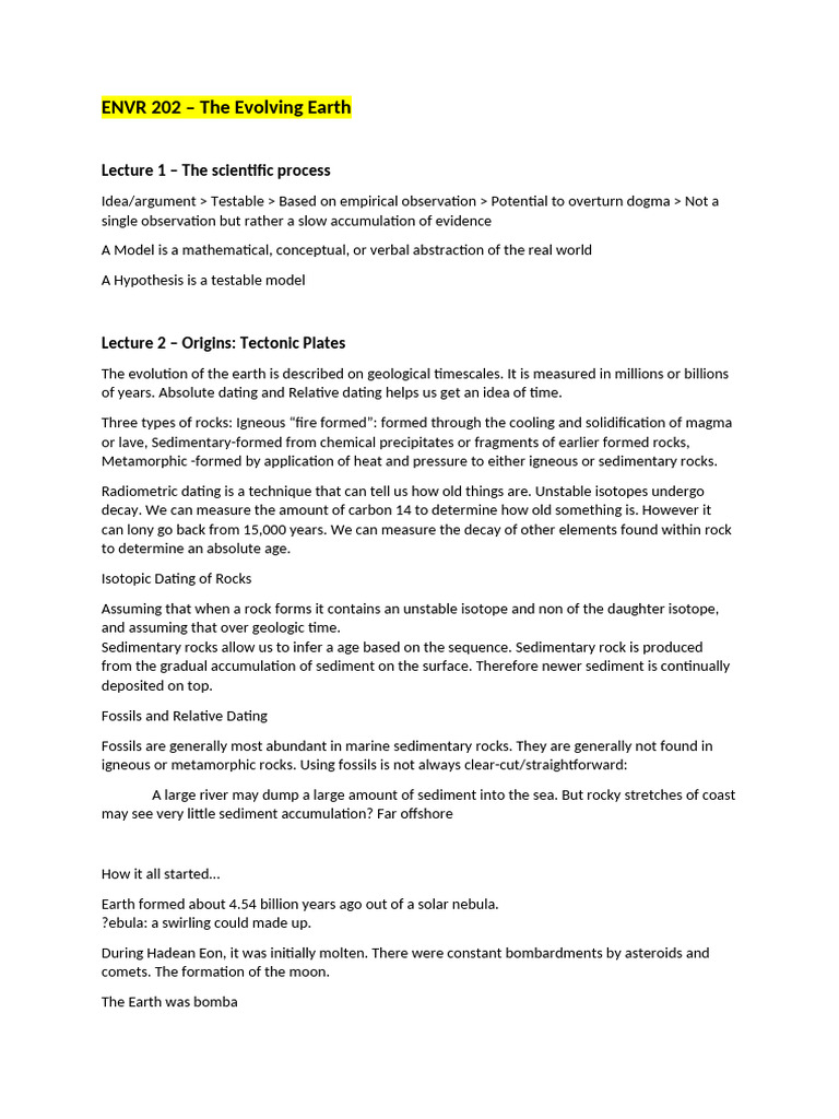 ENVR 202 - Class Notes | PDF | Rock (Geology) | Life