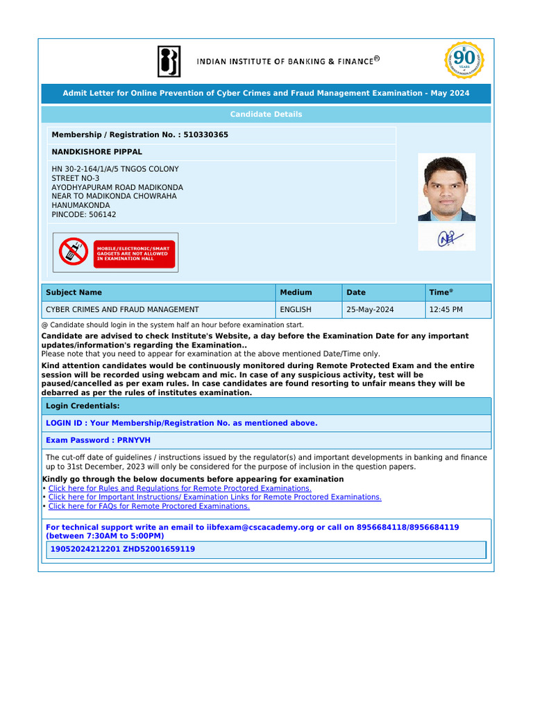 Admit Letter For Online Prevention of Cyber Crimes and Fraud Management ...