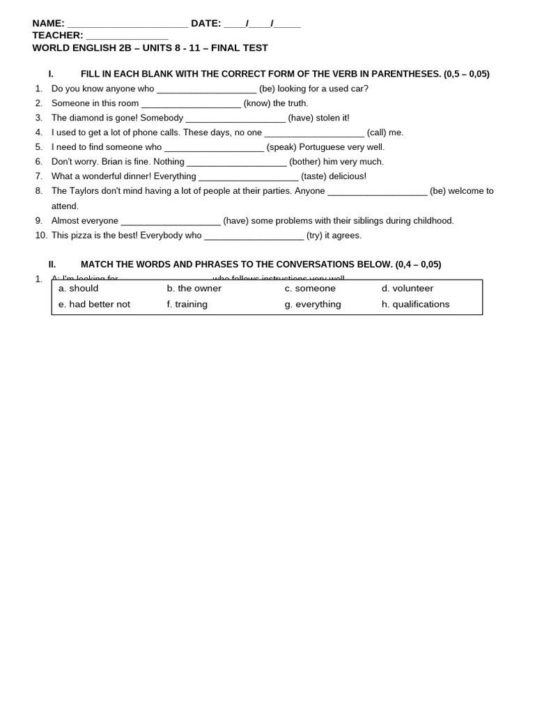 2B - UNIT 11 - FINAL TEST | PDF | Perfect (Grammar) | Linguistics