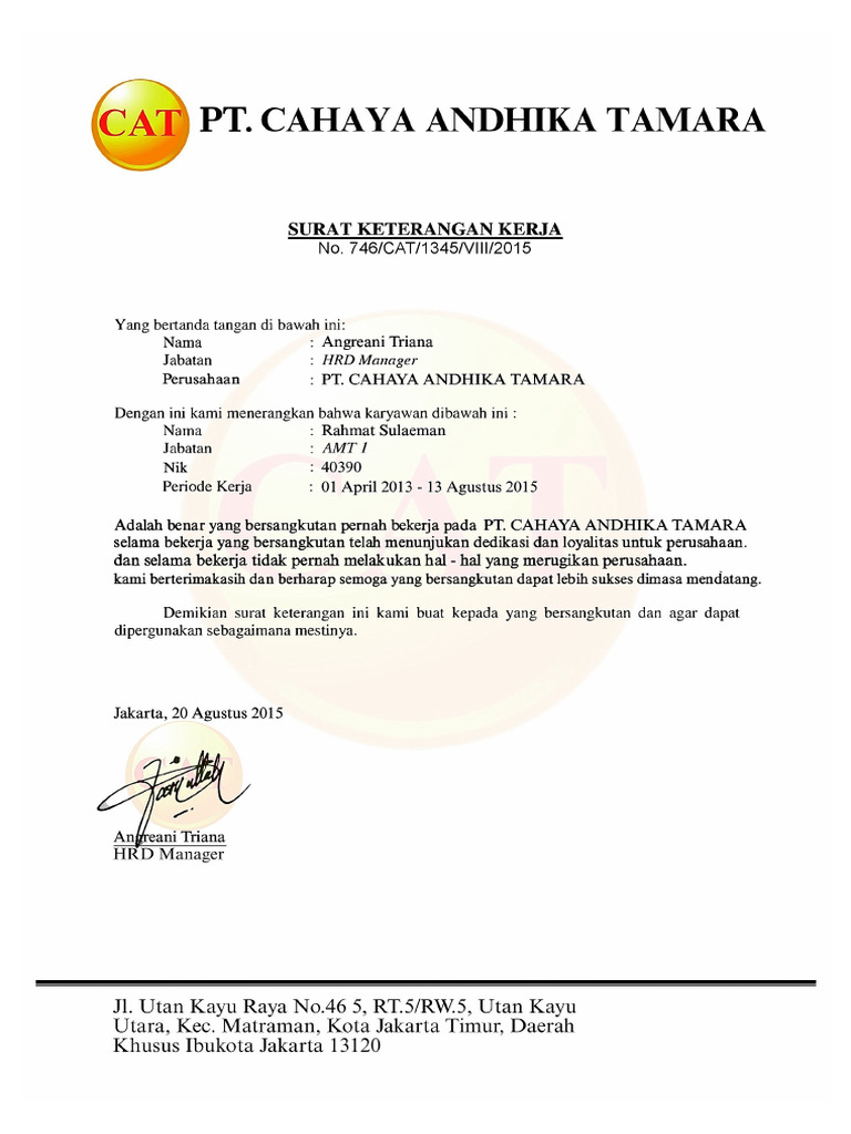 Paklaring PT Cahaya Andhika Tamara | PDF