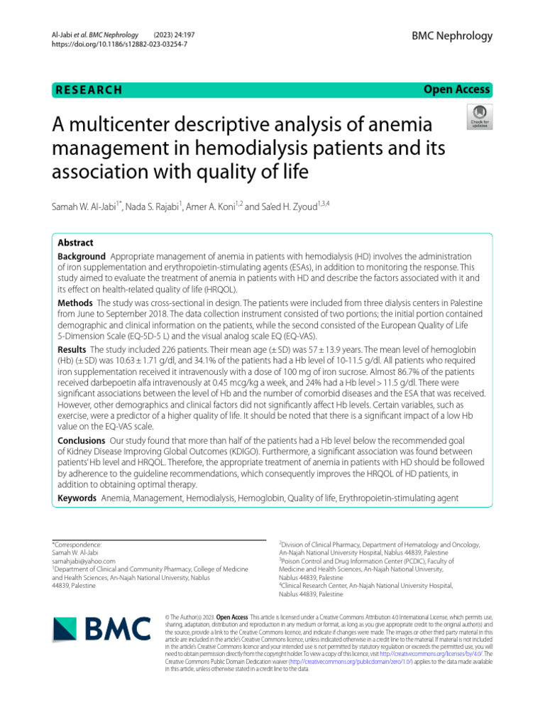 A Multicenter Descriptive Analysis of Anemia Management in Hemodialysis ...