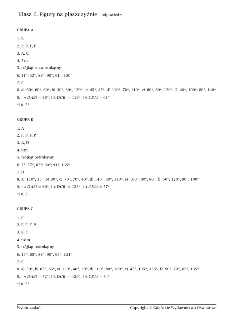 Klasa 6. Figury Na Płaszczyźnie - Odpowiedzi PRACA KLASOWA | PDF