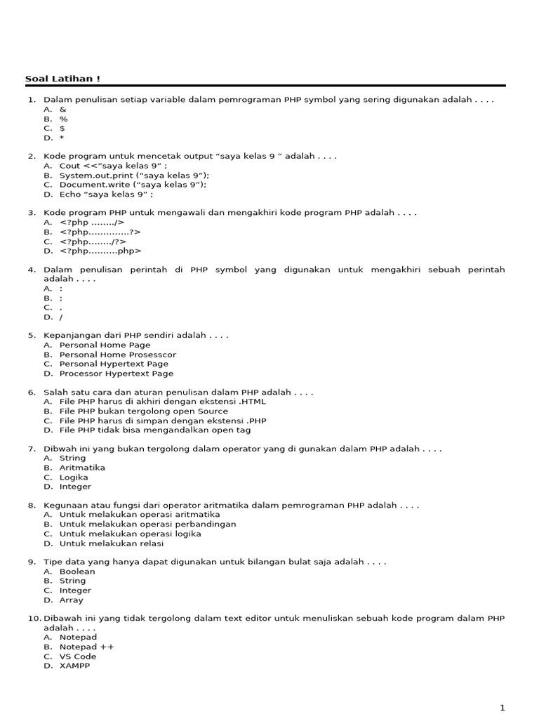 Soal Latihan PHP Informatika Kelas 9 | PDF