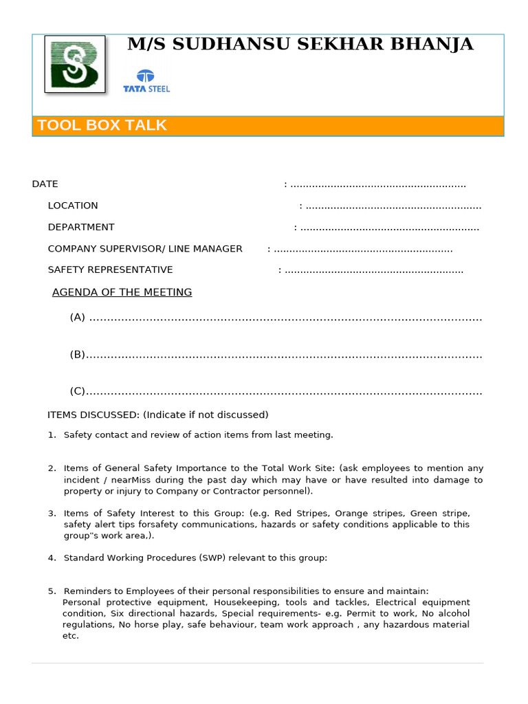 Toolbox Talk Meeting Agenda | PDF | Personal Protective Equipment ...