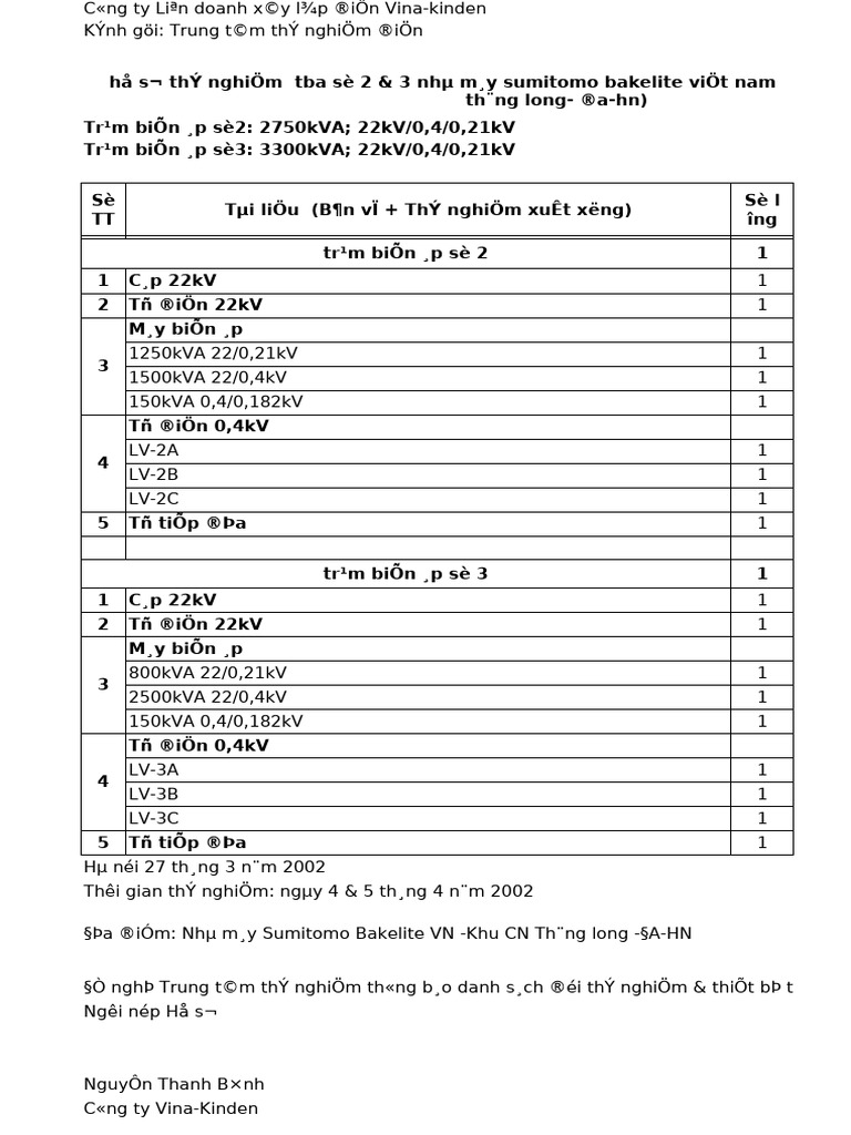 Ho So Thiet Bi Thi Nghiem TBA So2&3 To ETC (Sumitomo) | PDF