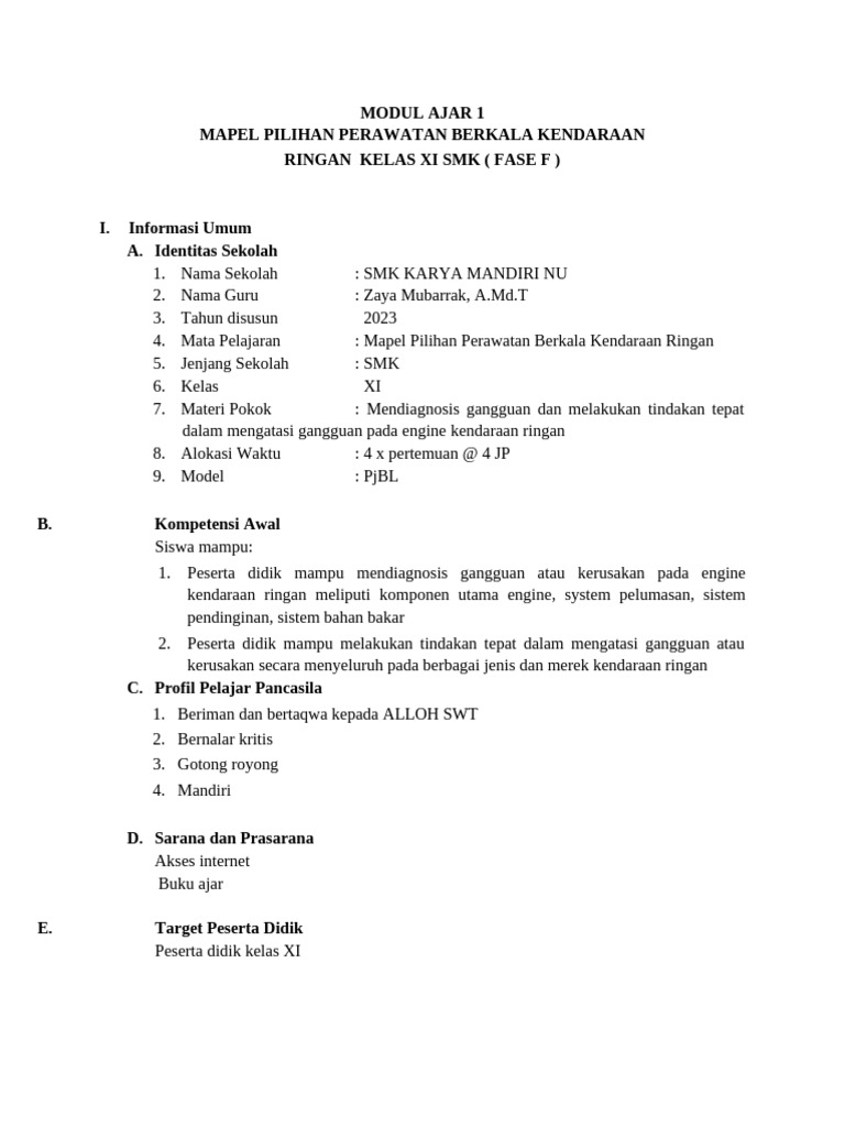 MODUL AJAR Perawatan Kendaraan Ringan XI TSM | PDF | Seni MODUL AJAR Perawatan Kendaraan Ringan XI TSM | PDF | Seni