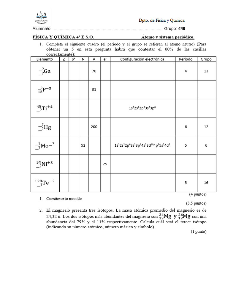 Examen T. 1 Átomo y Sistema Periódico (7-11-2023) | PDF | Isótopo ...