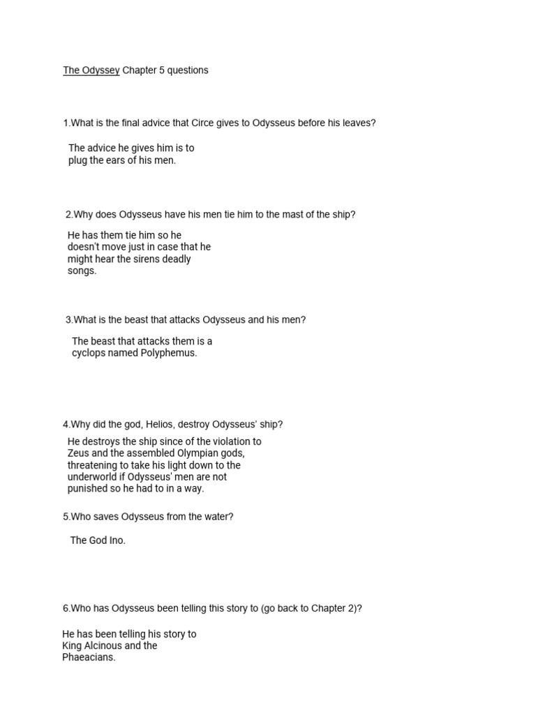 The Odyssey Chapter 5 Questions | PDF