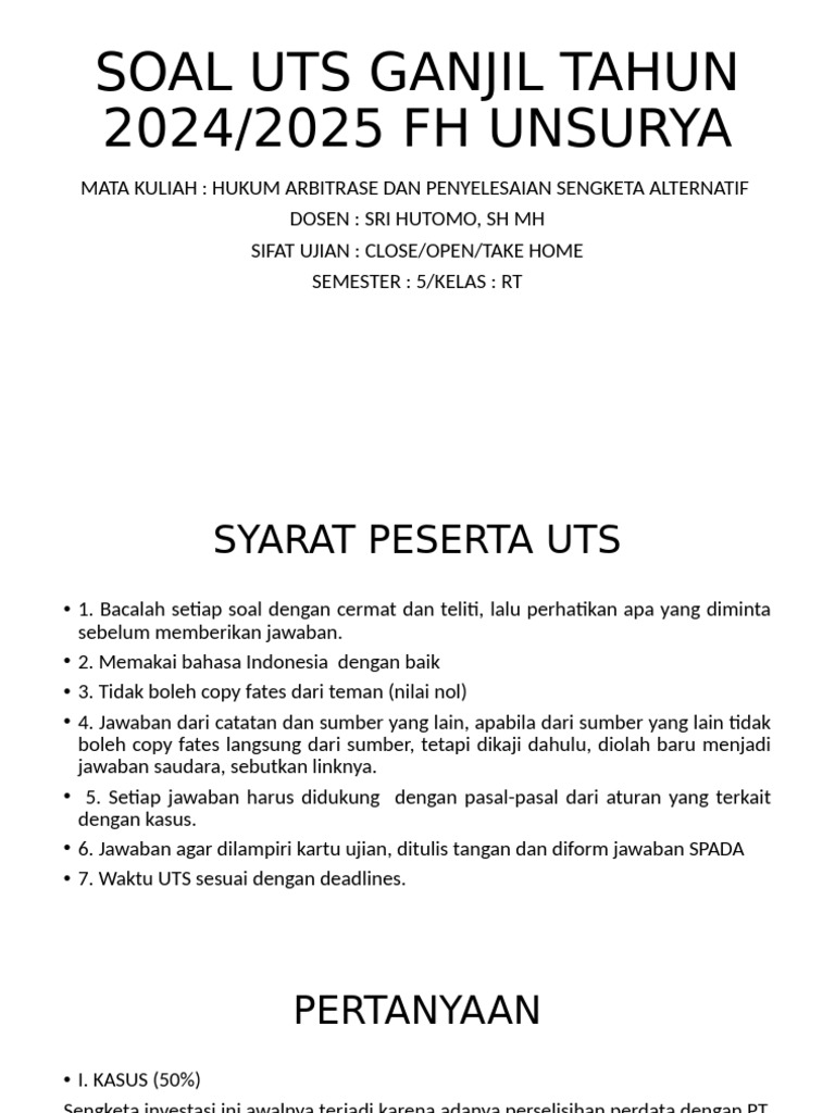 Revisi Soal Uts HK Arbitrase SM Ganjil Tahun 2024.Pptxkls F | PDF