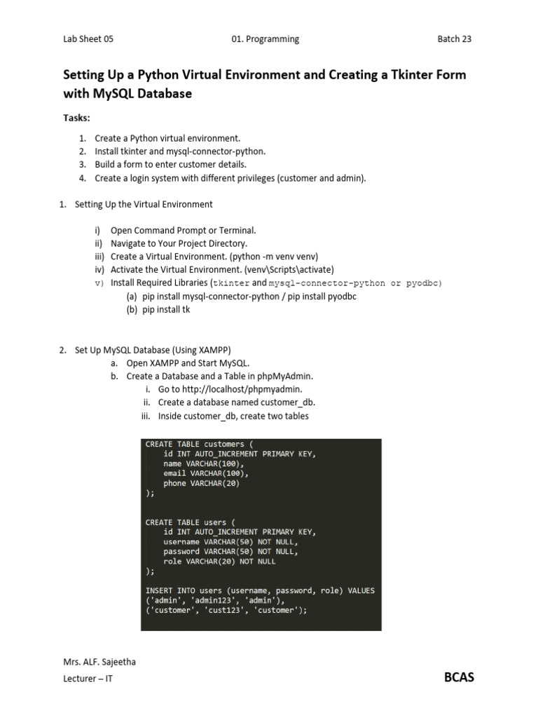 Setting Up A Python Virtual Environment and Creating A Tkinter Form With MySQL Database | PDF ...