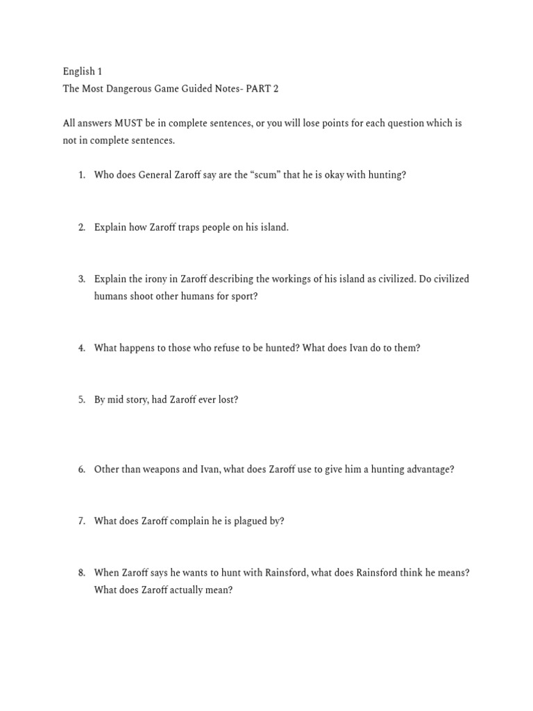 The Most Dangerous Game Part 2 Questions | PDF