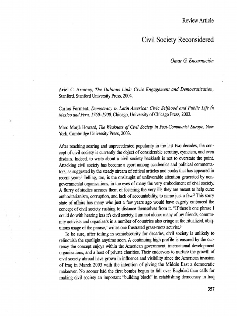 Encarnacion, Omar G., - Civil Society Reconsidered | PDF