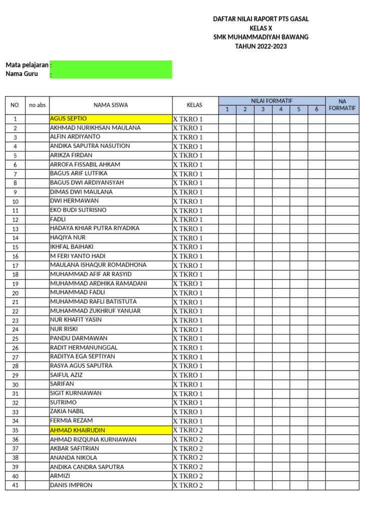 DAFTAR NILAI PTS KELAS X Revisi | PDF