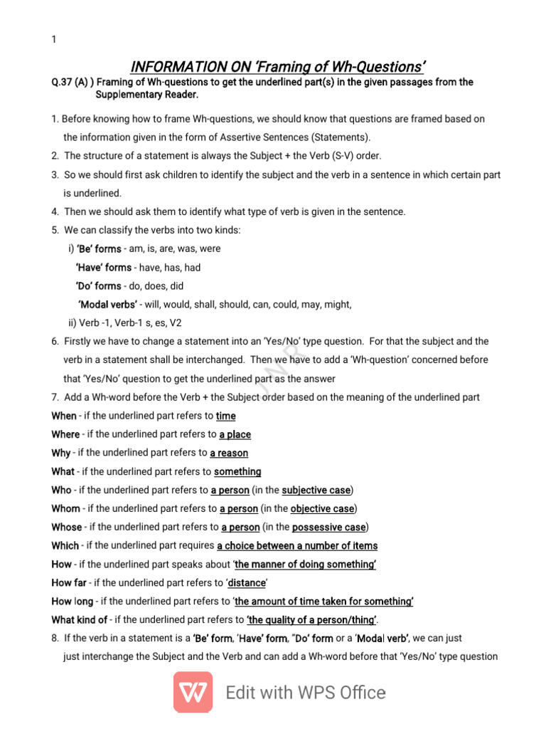 Q.No.37 (A) WH-QUESTIONS | PDF | Subject (Grammar) | Question