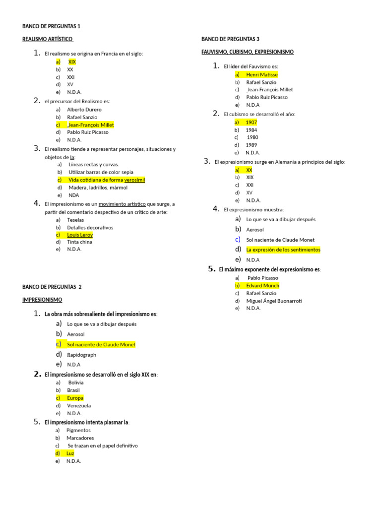 Banco de Preguntas Ismos 6to Secundaria | PDF | Impresionismo | Expresionismo