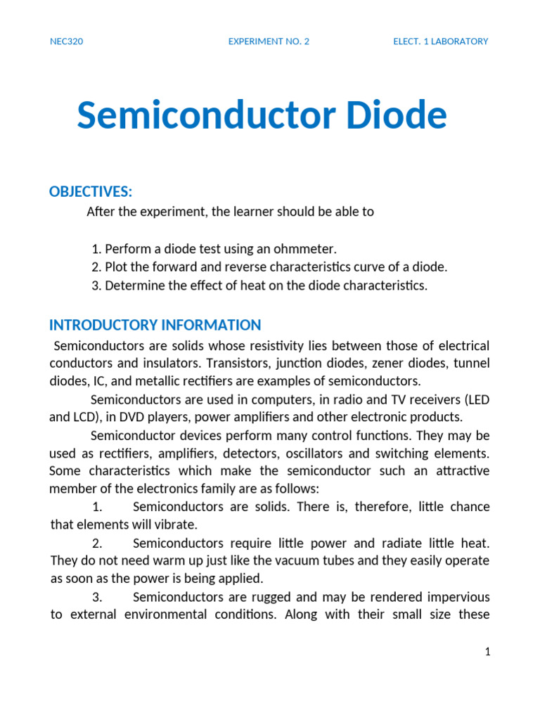 Elect 1 Lab Exp No 2 3 Pdf Diode Semiconductors