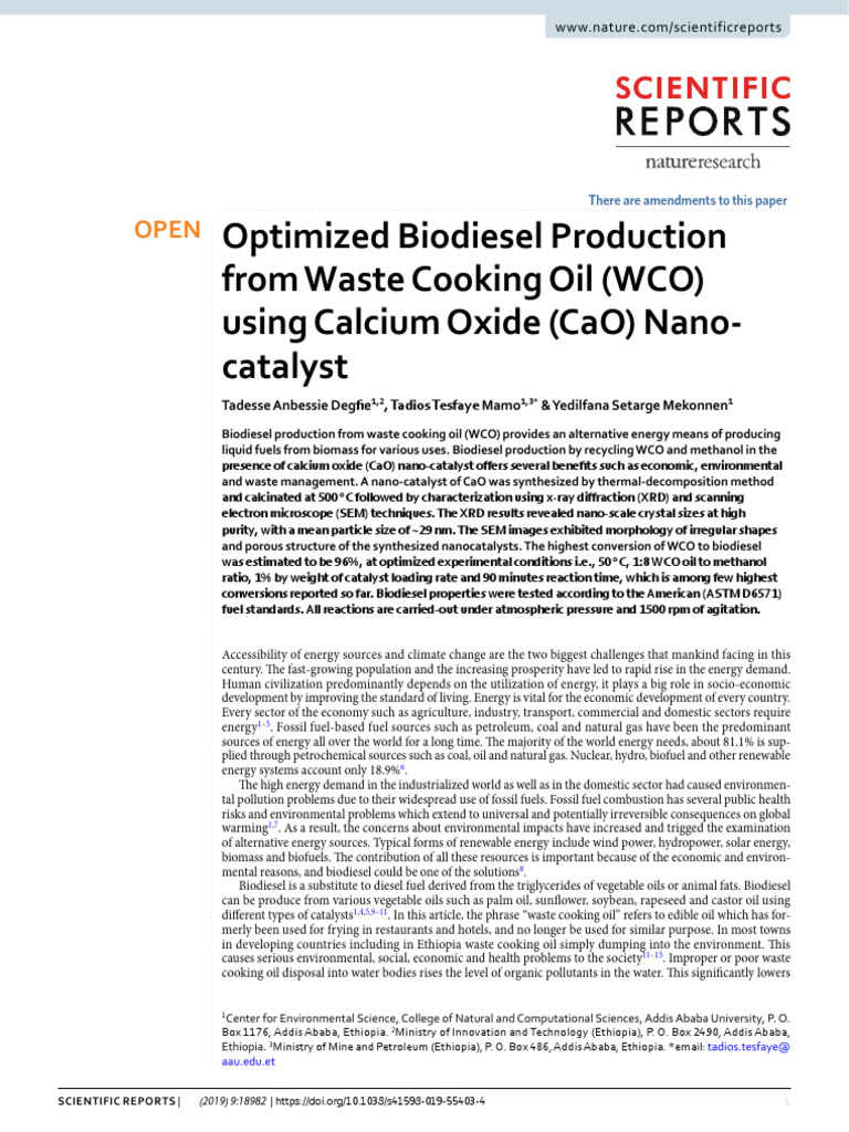 Optimized Biodiesel Production From Waste Cooking Oil (Wco) Using Calcium Oxide (Cao) Nano ...