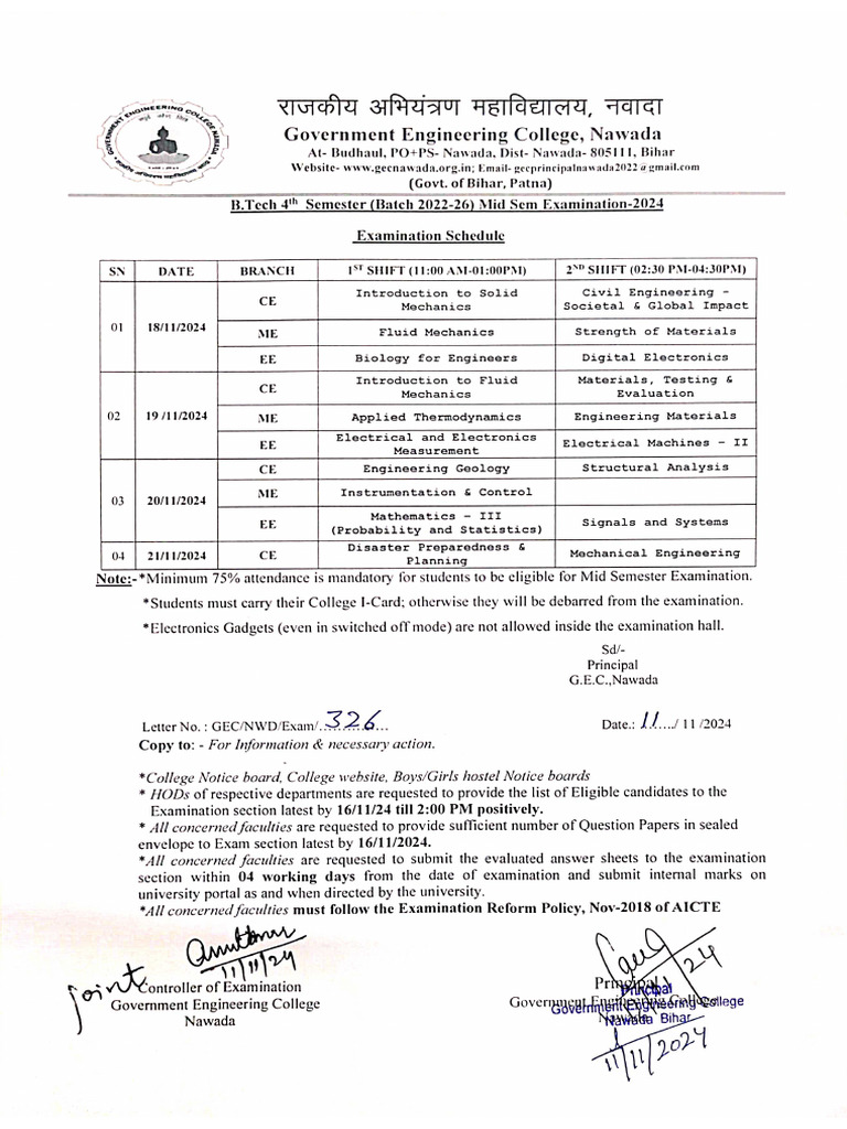Mid Sem Exam Notice 4th Sem 2k22 | PDF
