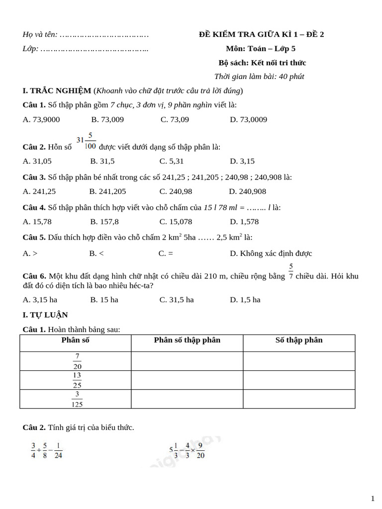 De Kiem Tra Giua Hoc Ki 1 Toan 5 Ket Noi Tri Thuc de So 3 | PDF